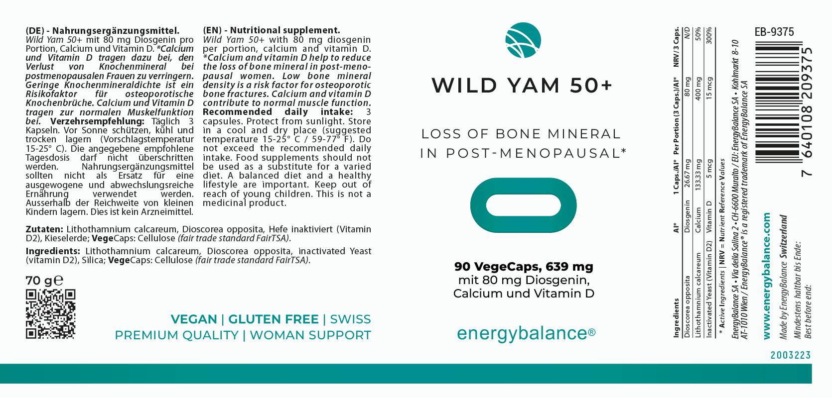 WILD YAM 50+ mit 80mg Yams Diosgenin, Calcium und Vitamin D, 90 VegeCaps