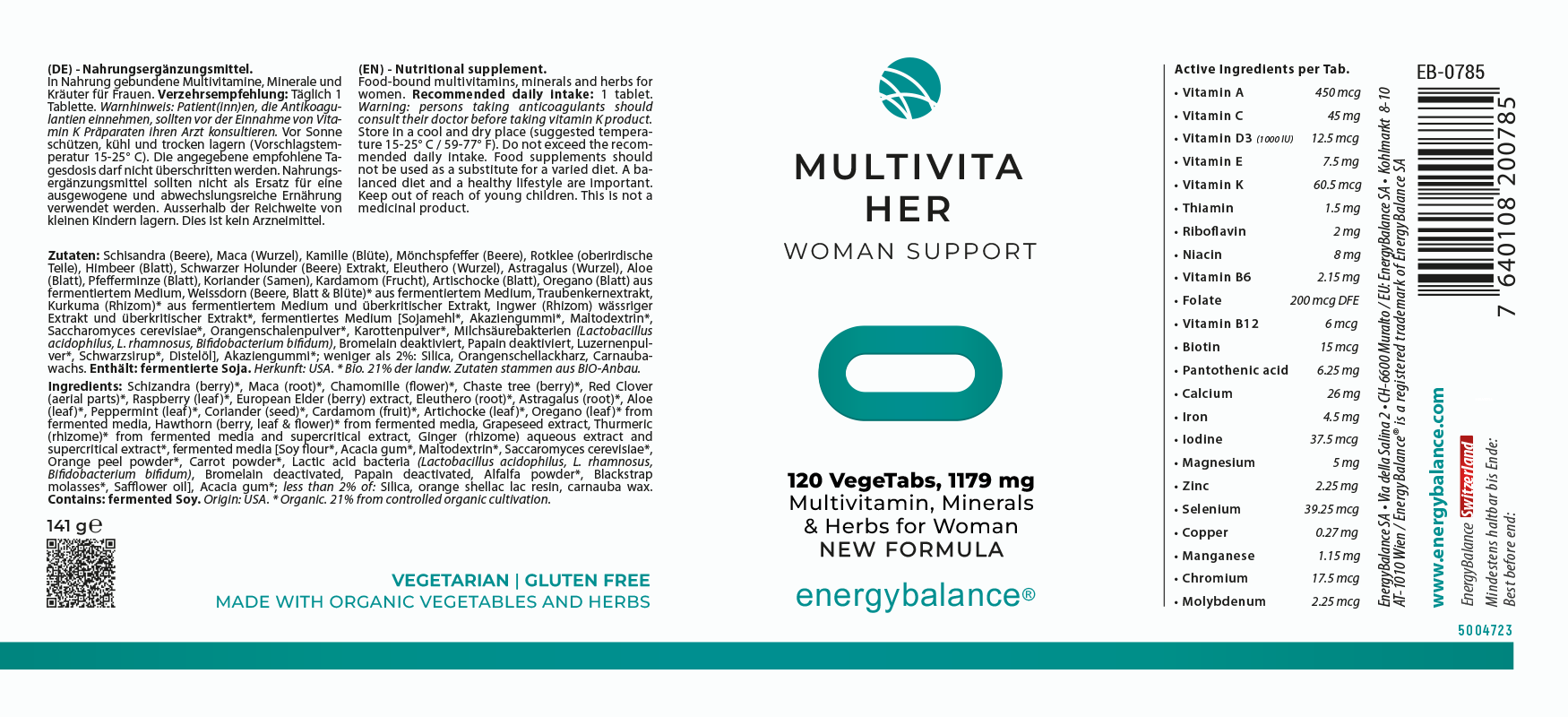 MultiVita-HER Biodfood Multivitamin, Minerals + Herbs for Women 1310mg ...